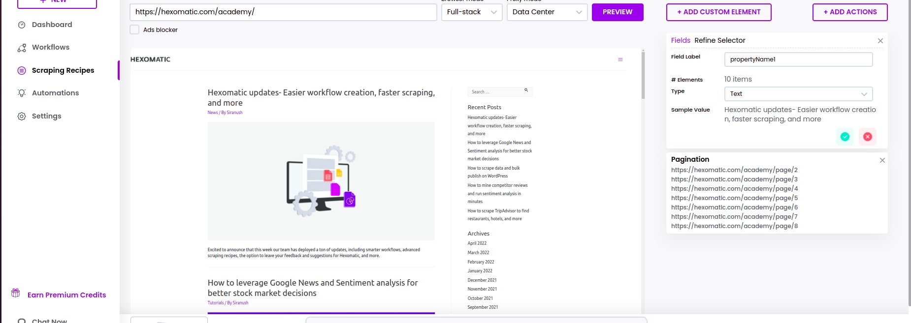 Custom Actions 101 - How to create complex scraping recipes | Hexomatic