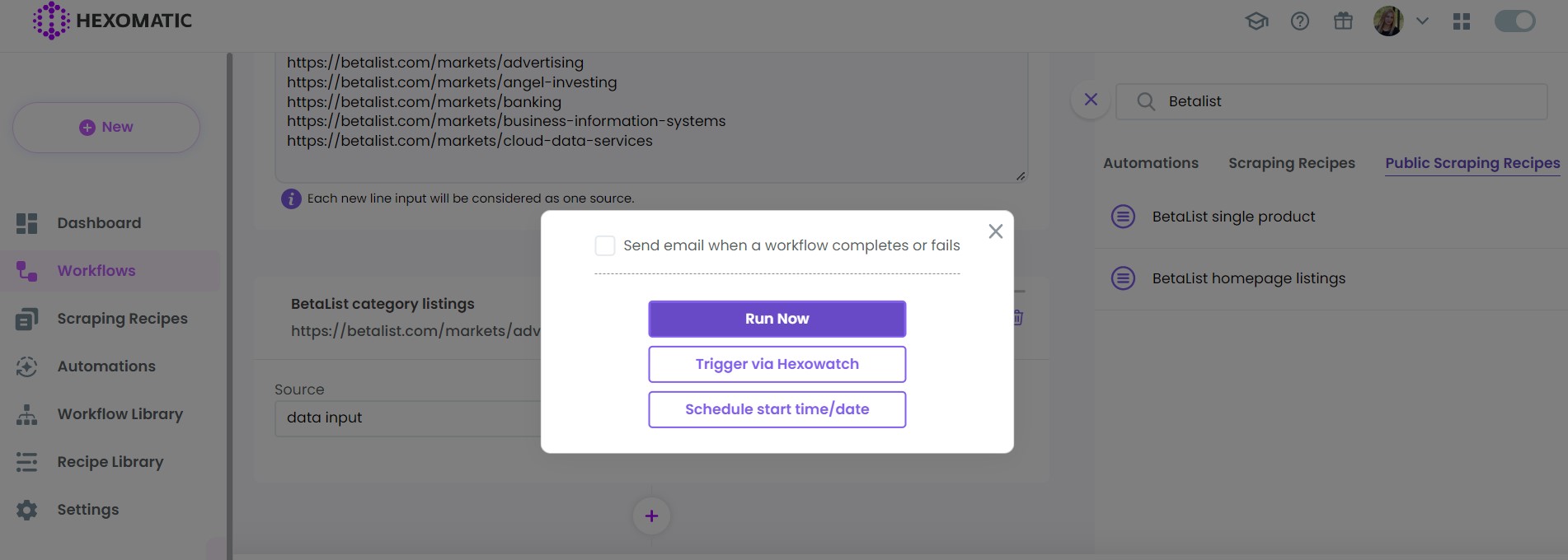 How to scrape Betalist | Hexomatic