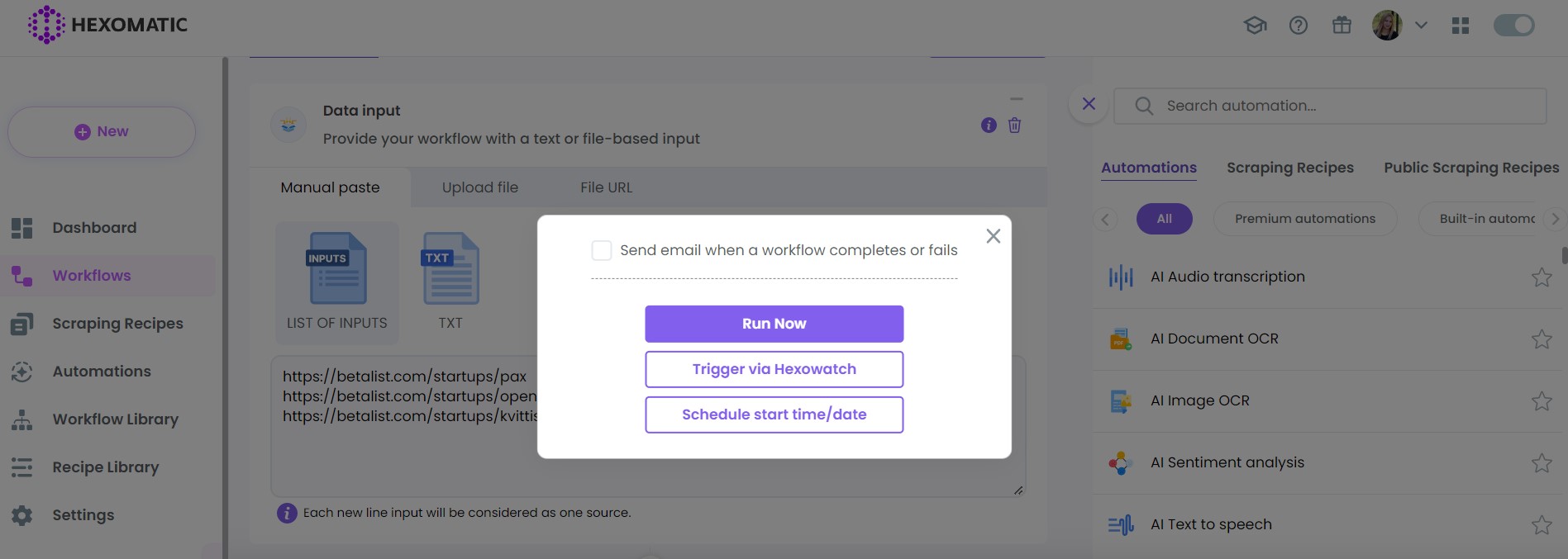 How to scrape Betalist | Hexomatic