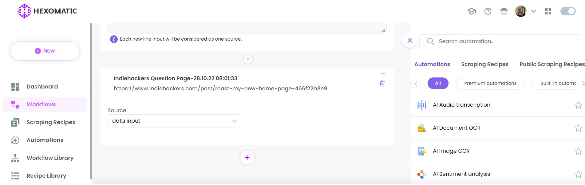 How to scrape Indiehackers | Hexomatic