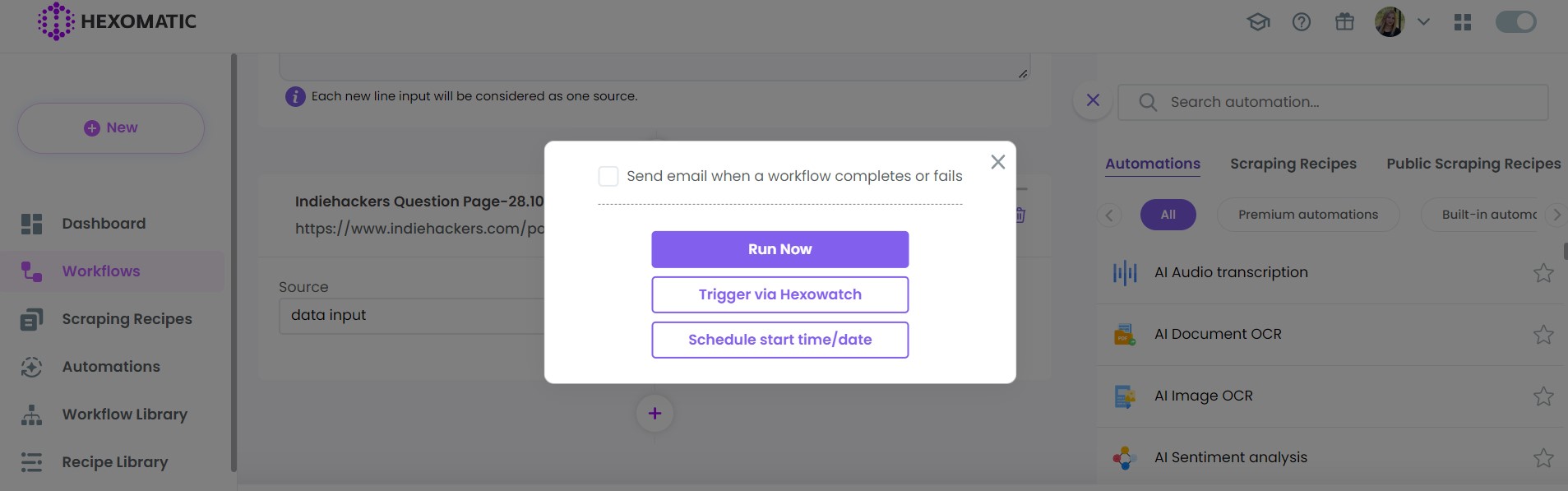 How to scrape Indiehackers | Hexomatic
