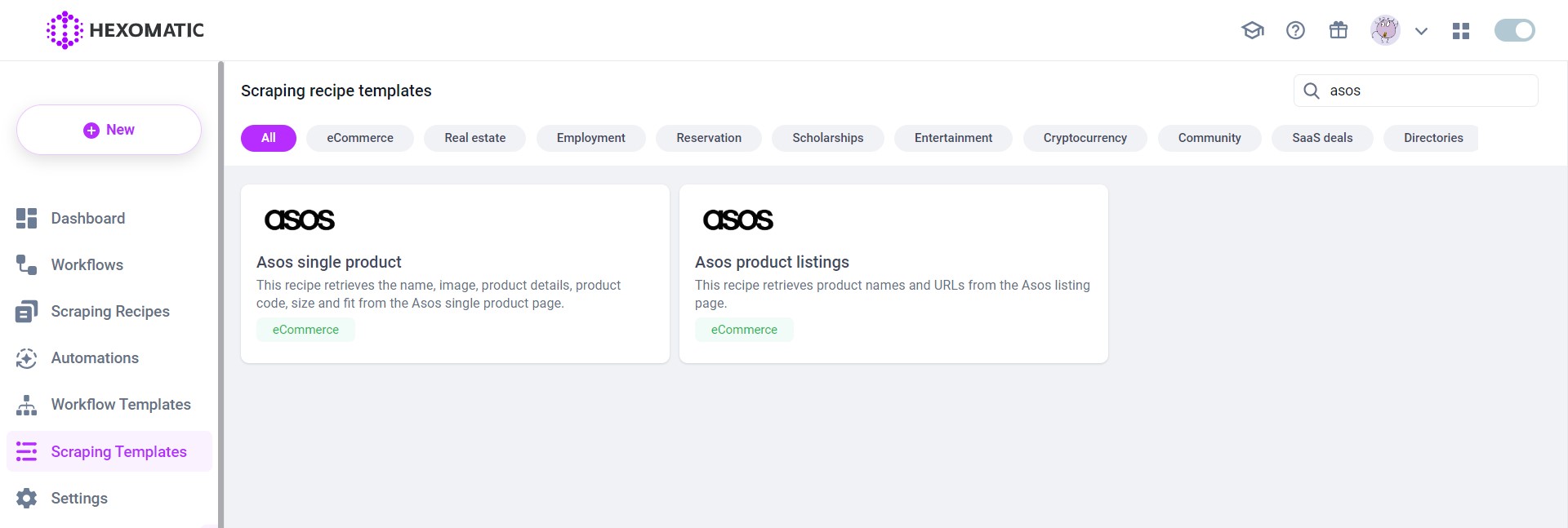 How to scrape Asos | Hexomatic