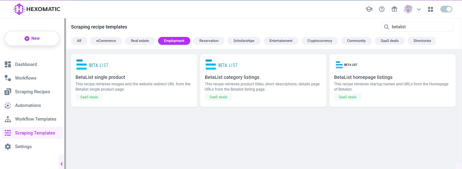 How to scrape Betalist | Hexomatic