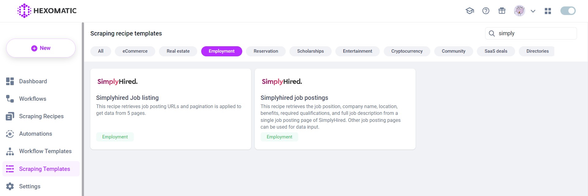 How to scrape SimplyHired | Hexomatic
