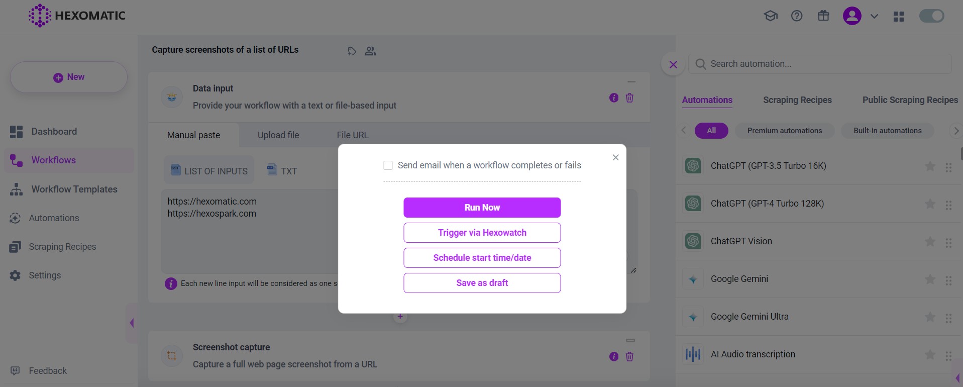 How to capture website screenshots in bulk tutorial | Hexomatic